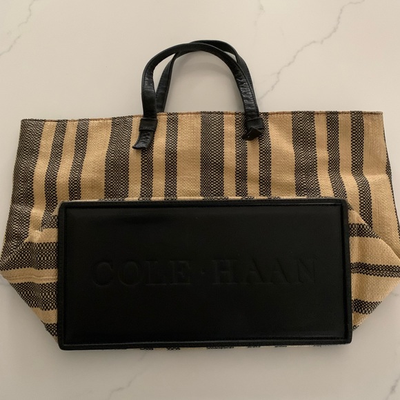 Cole Haan | Bags | Cole Haan Straw And Dark Leather Tote Fully Lined ...